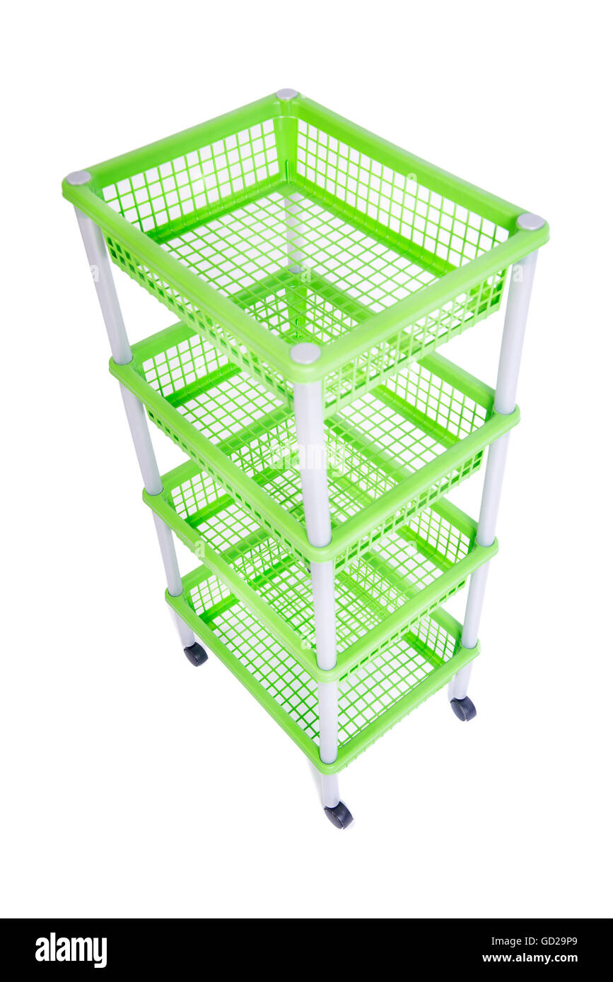 Green bin rack shelf with wheels isolated on white Stock Photo - Alamy