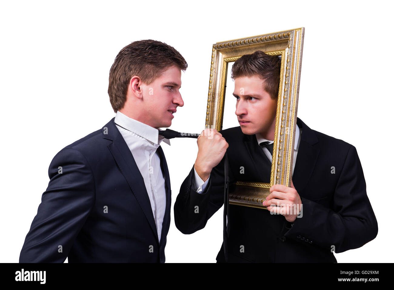 Two twins businessmen arguing with each other isolated on white Stock ...