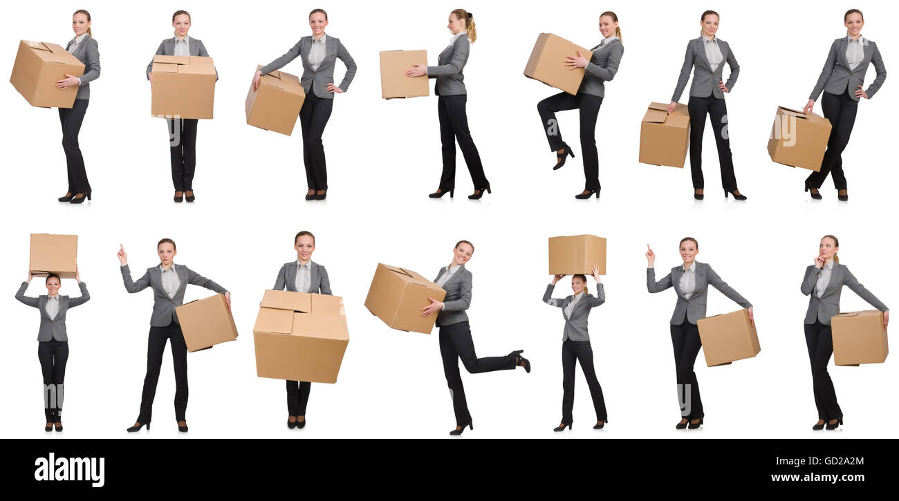 Composite image of woman with boxes on white Stock Photo - Alamy