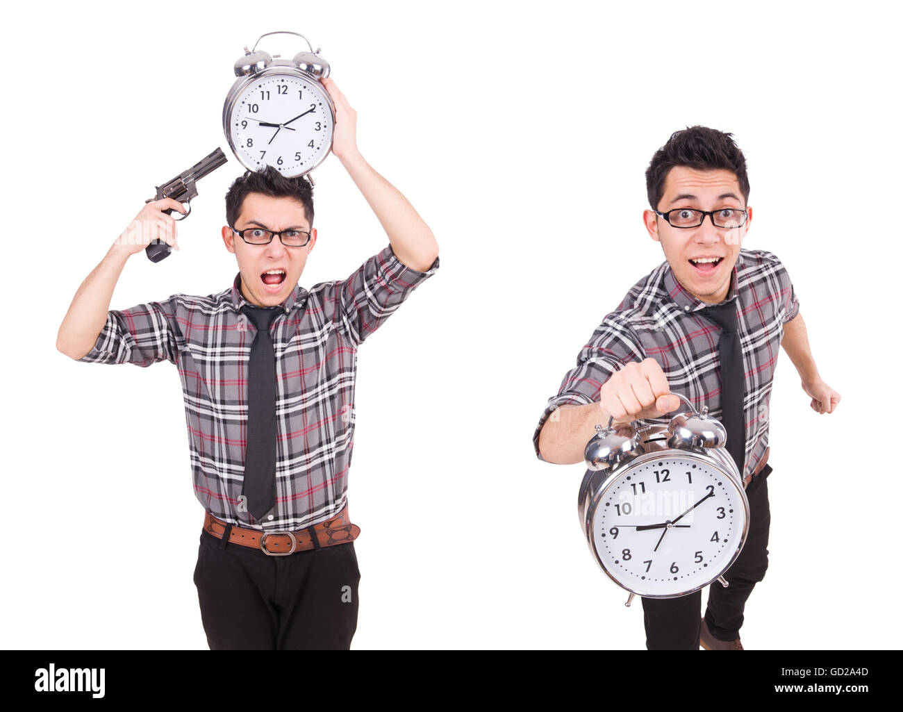 Young man with clock isolated on white Stock Photo - Alamy