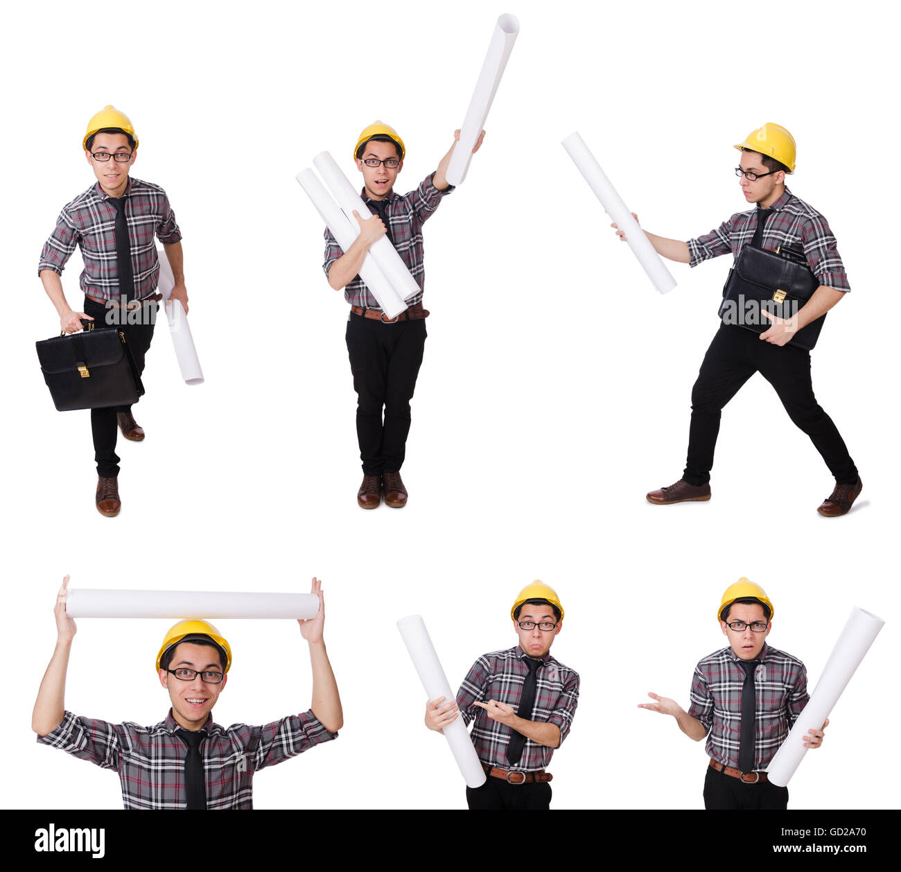 Funny man with blueprints on white Stock Photo - Alamy
