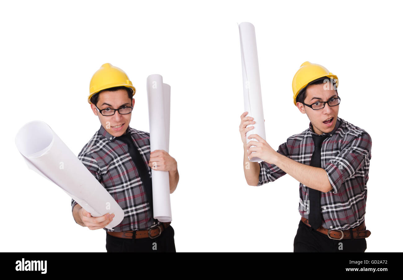 Funny man with blueprints on white Stock Photo - Alamy