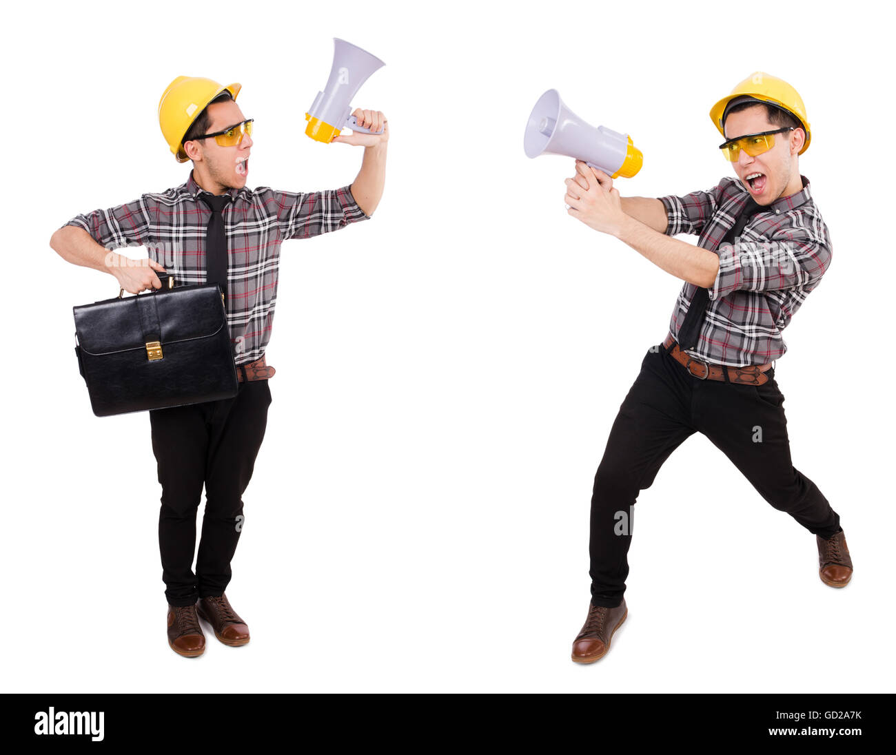 Young construction worker with loudspeaker isolated on white Stock ...
