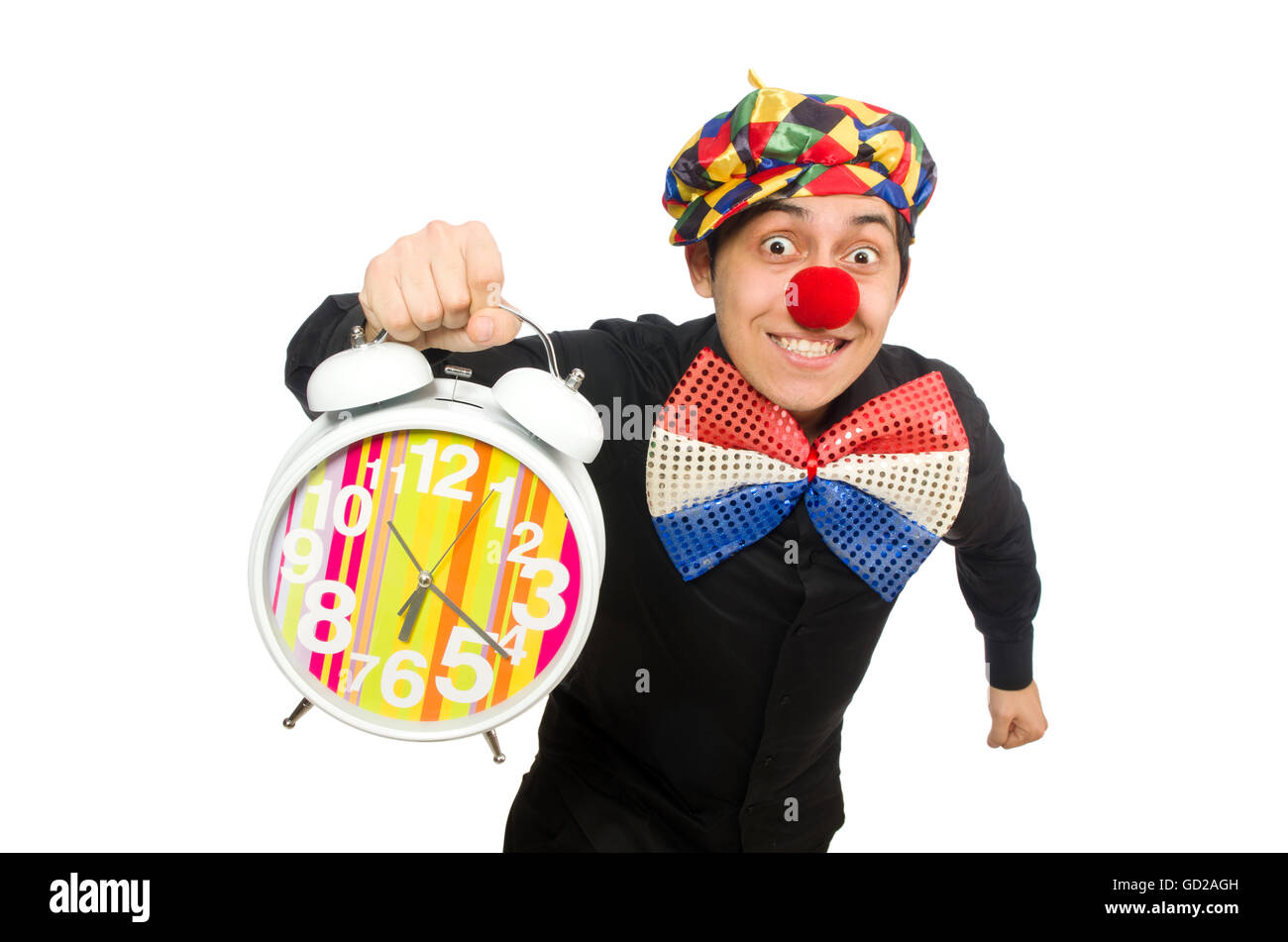 Funny clown with clock isolated on white Stock Photo - Alamy