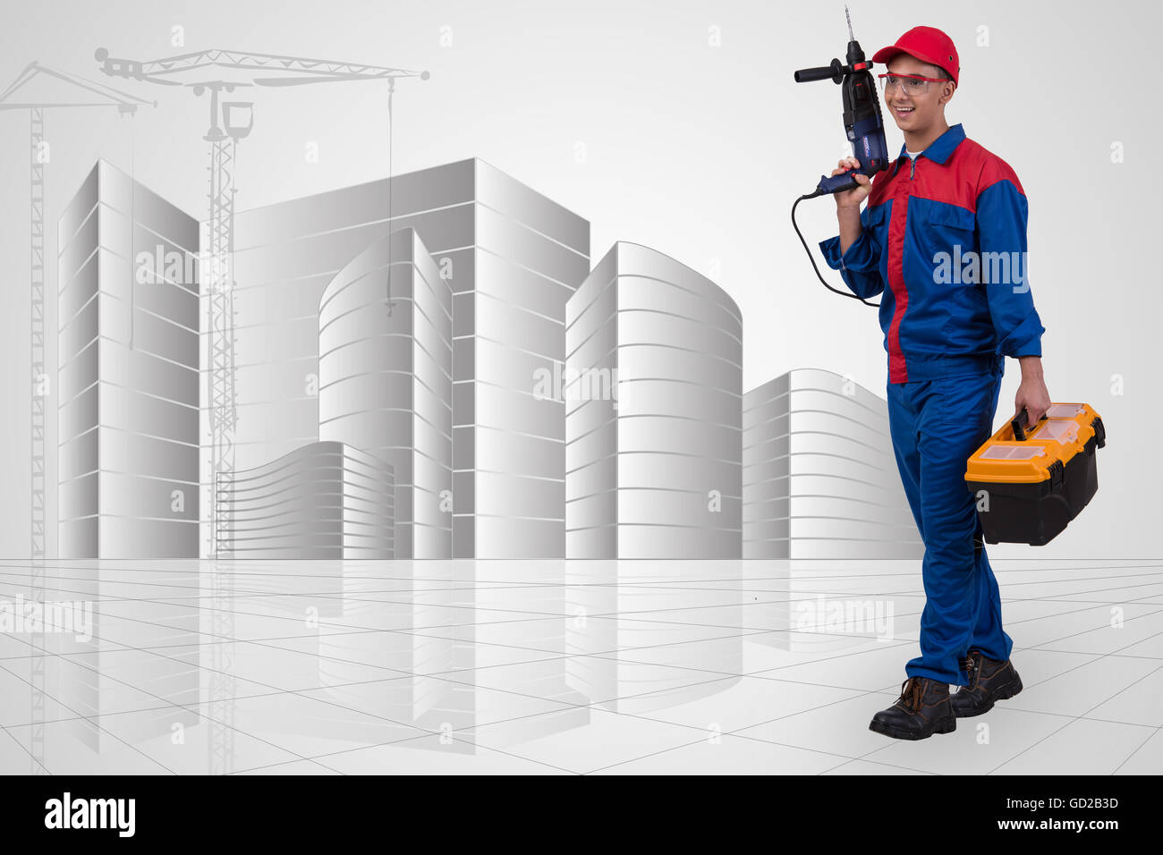 Man with drill against hand-drawn buildings Stock Photo - Alamy