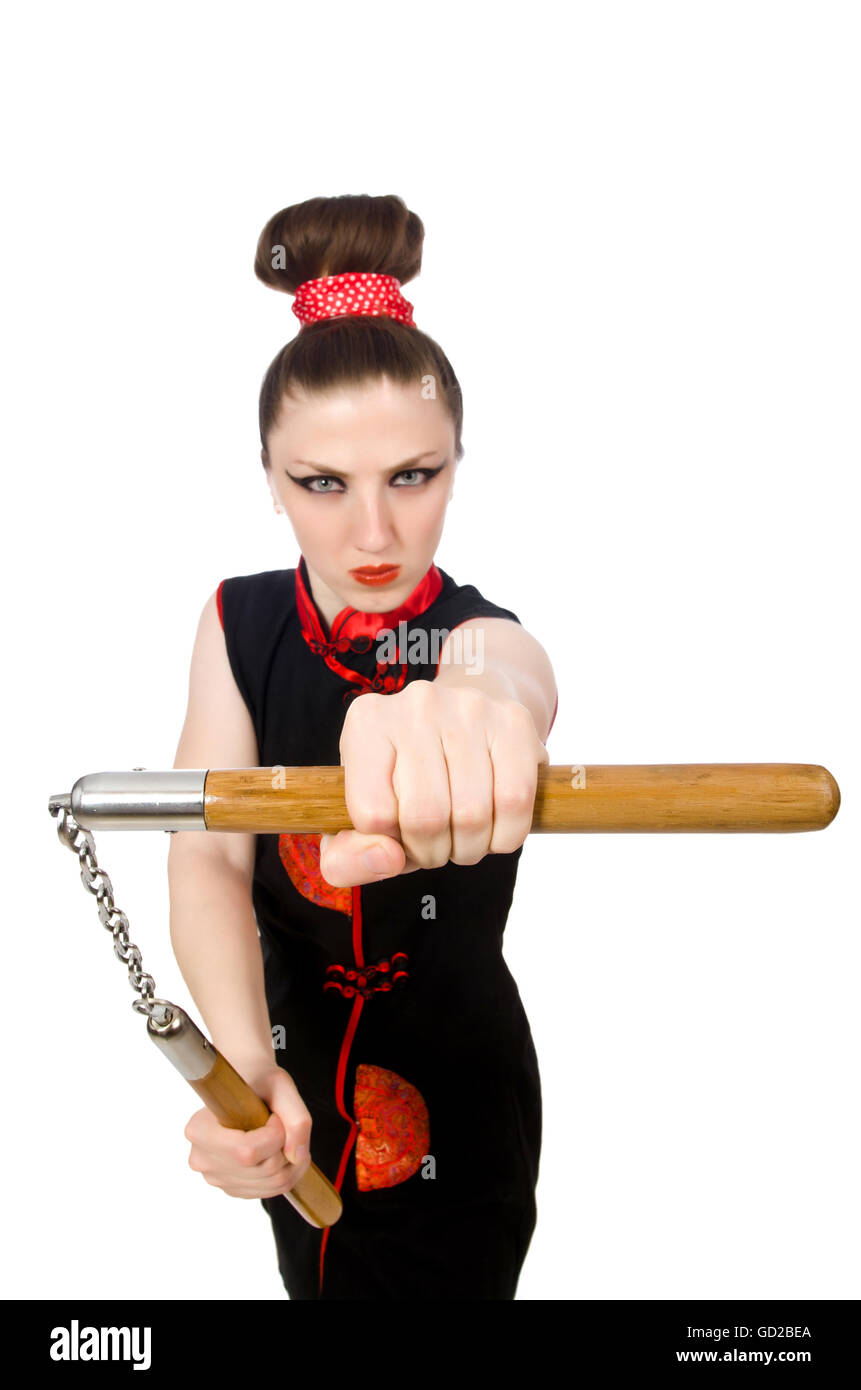 Funny woman with nunchucks isolated on white Stock Photo - Alamy