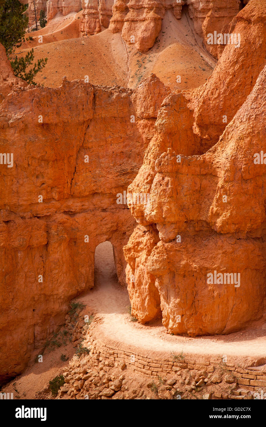 Bryce Canyon National Park pathway through carved entrance in the USA ...