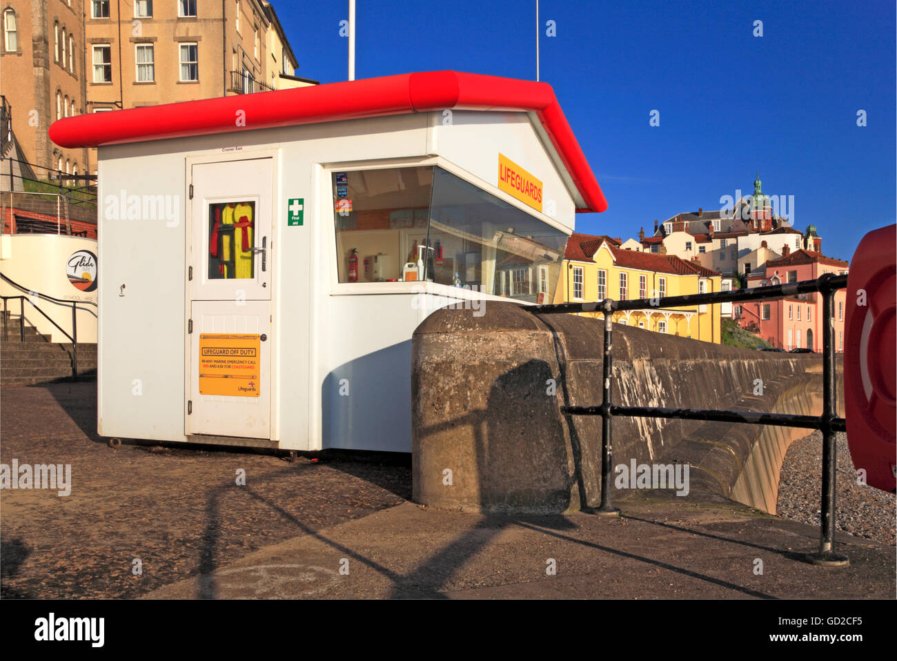 An RNLI Lifeguards hut on the east promenade for the summer season at ...