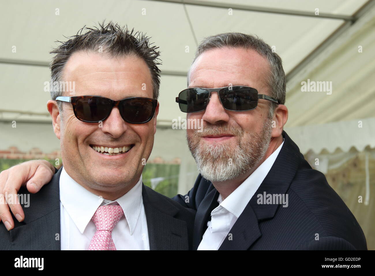 2ND JULY 2016,PORTSMOUTH,ENGLAND: Two English men wearing sunglasses ...