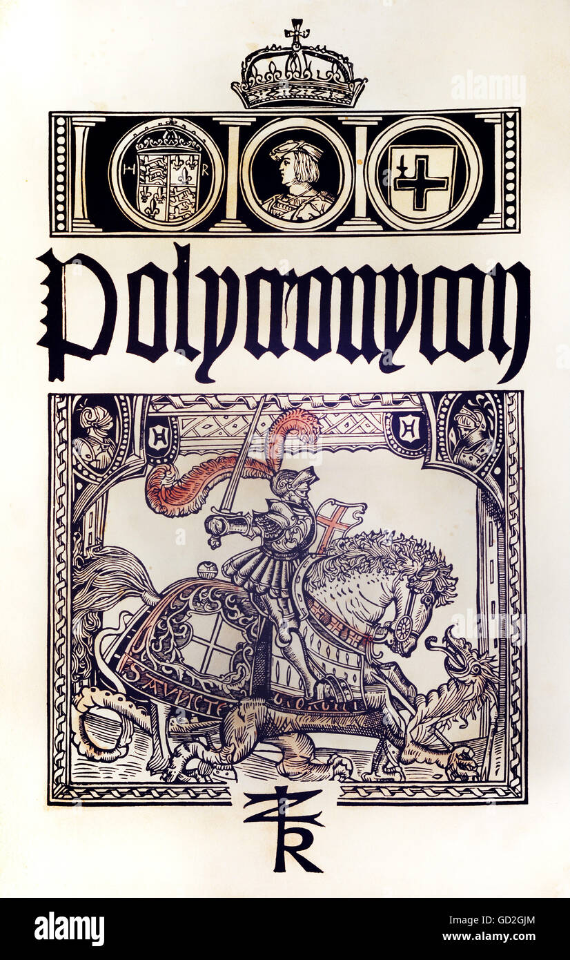 literature, "Polychronion", title page, coloured woodcut, printed by ...