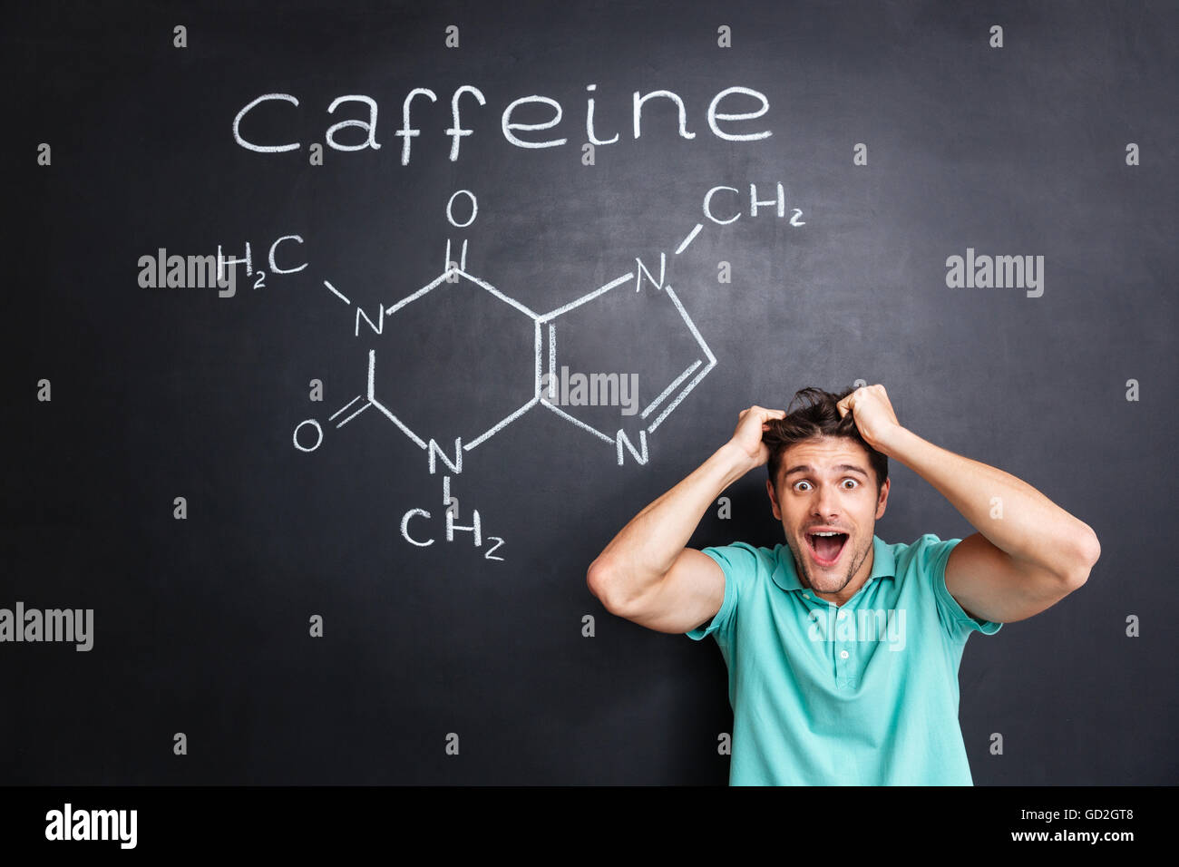 Crazy cheerful young professor of chemistry standing and shouting over ...