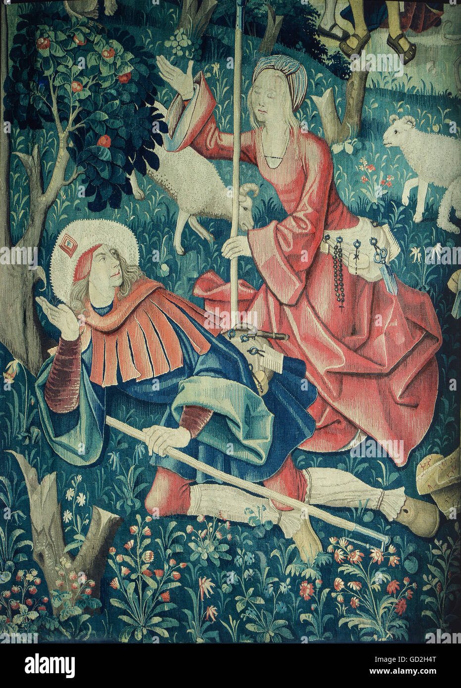 fine arts, tapestry, pastorals, lovers couple, detail, Flanders, circa ...