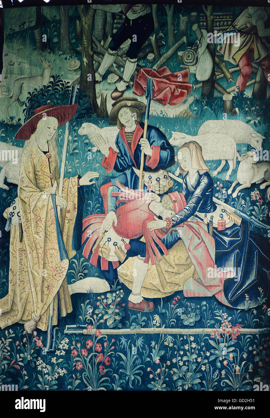 fine arts, tapestry, pastoral, spanking, detail, Flanders, circa 1500 ...