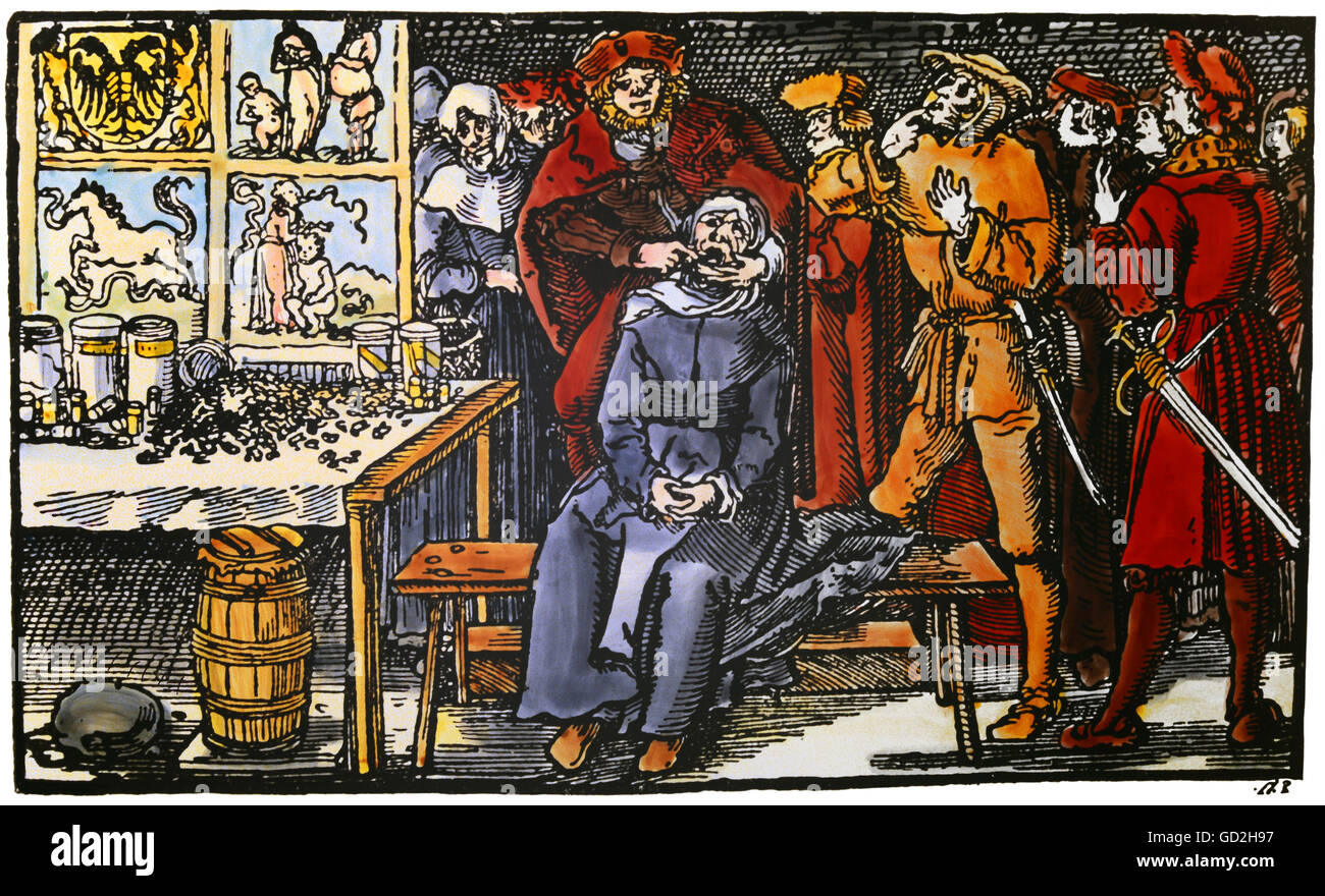 medicine,dentistry,tooth breaker at the fair,coloured woodcut,of the so ...