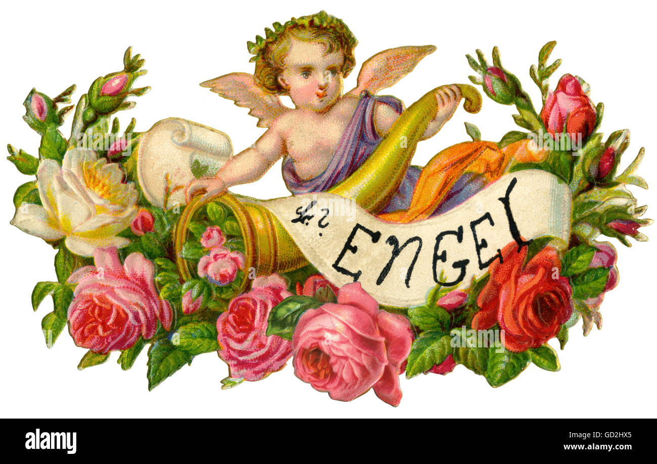 kitsch / souvenir, little angel, angel with cornucopia and roses ...