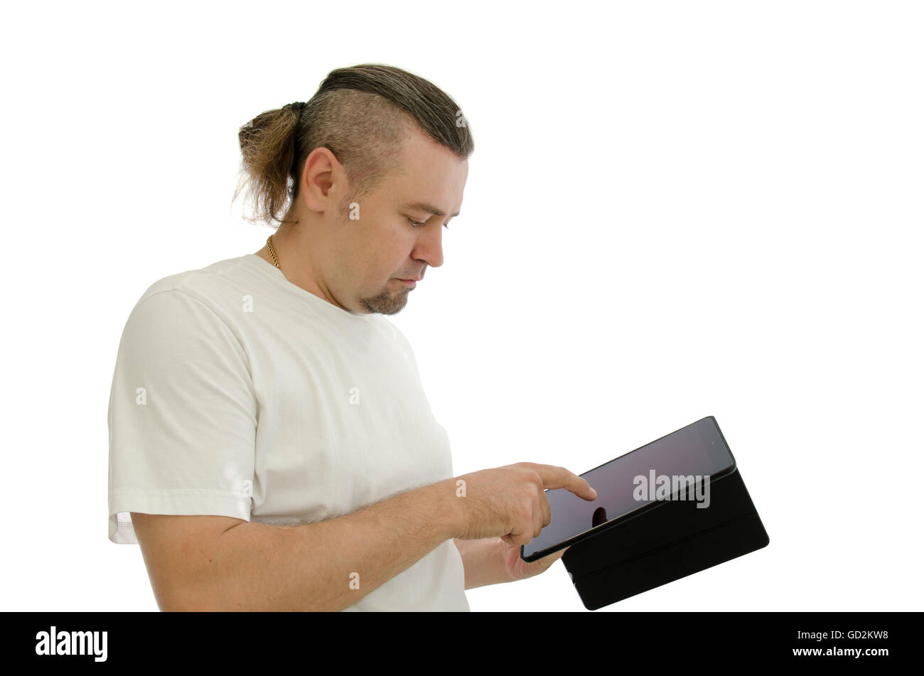 man with heir using laptop on white background Stock Photo - Alamy