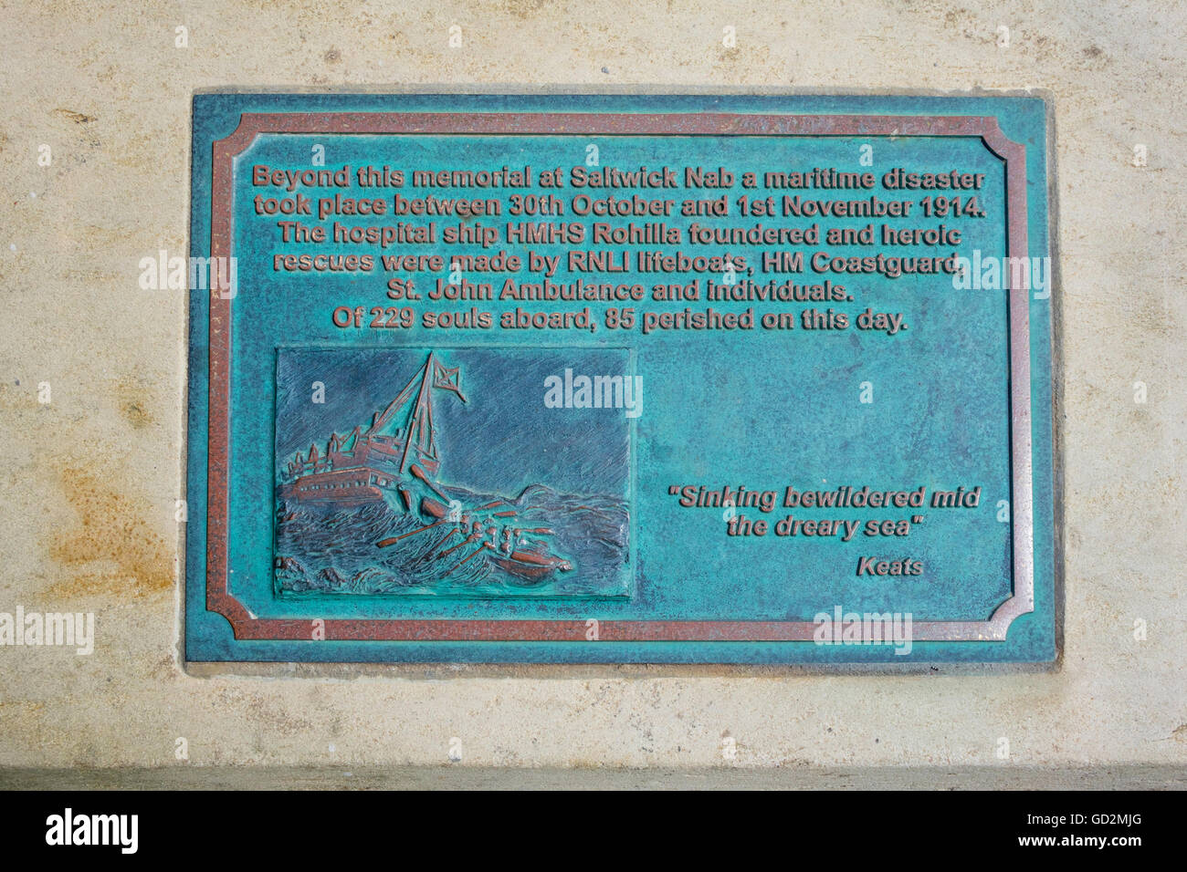 Bronze memorial on Whitby West Pier for the sinking of HMHS Rohilla in ...
