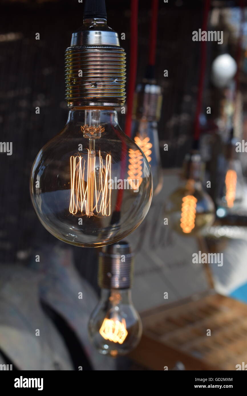 Light bulb display for sale at craft market Stock Photo - Alamy