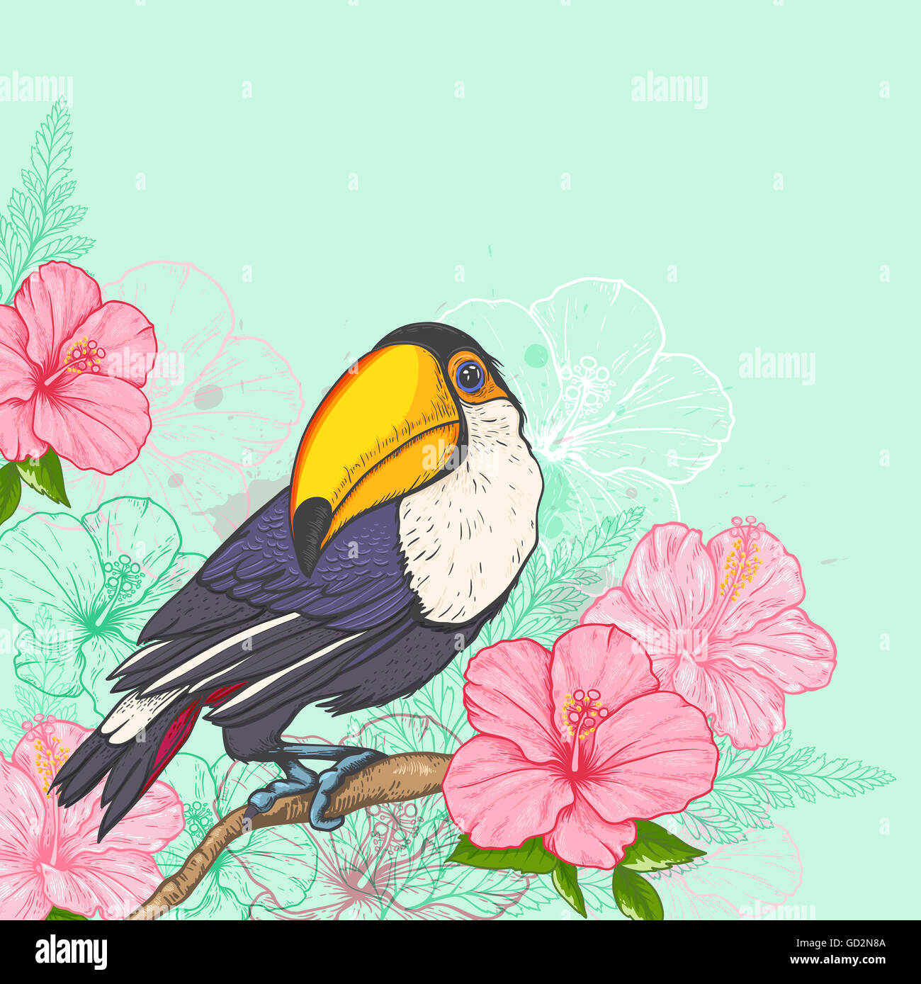 Pink tropical flowers and toucan on a green background. Hand drawn ...