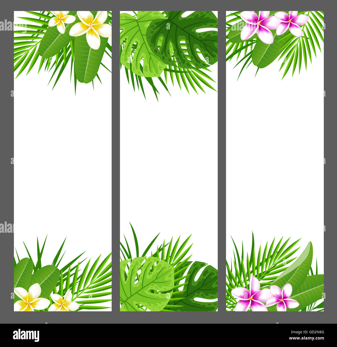 Vertical tropical banners with flowers and leaves. Summer floral nature ...