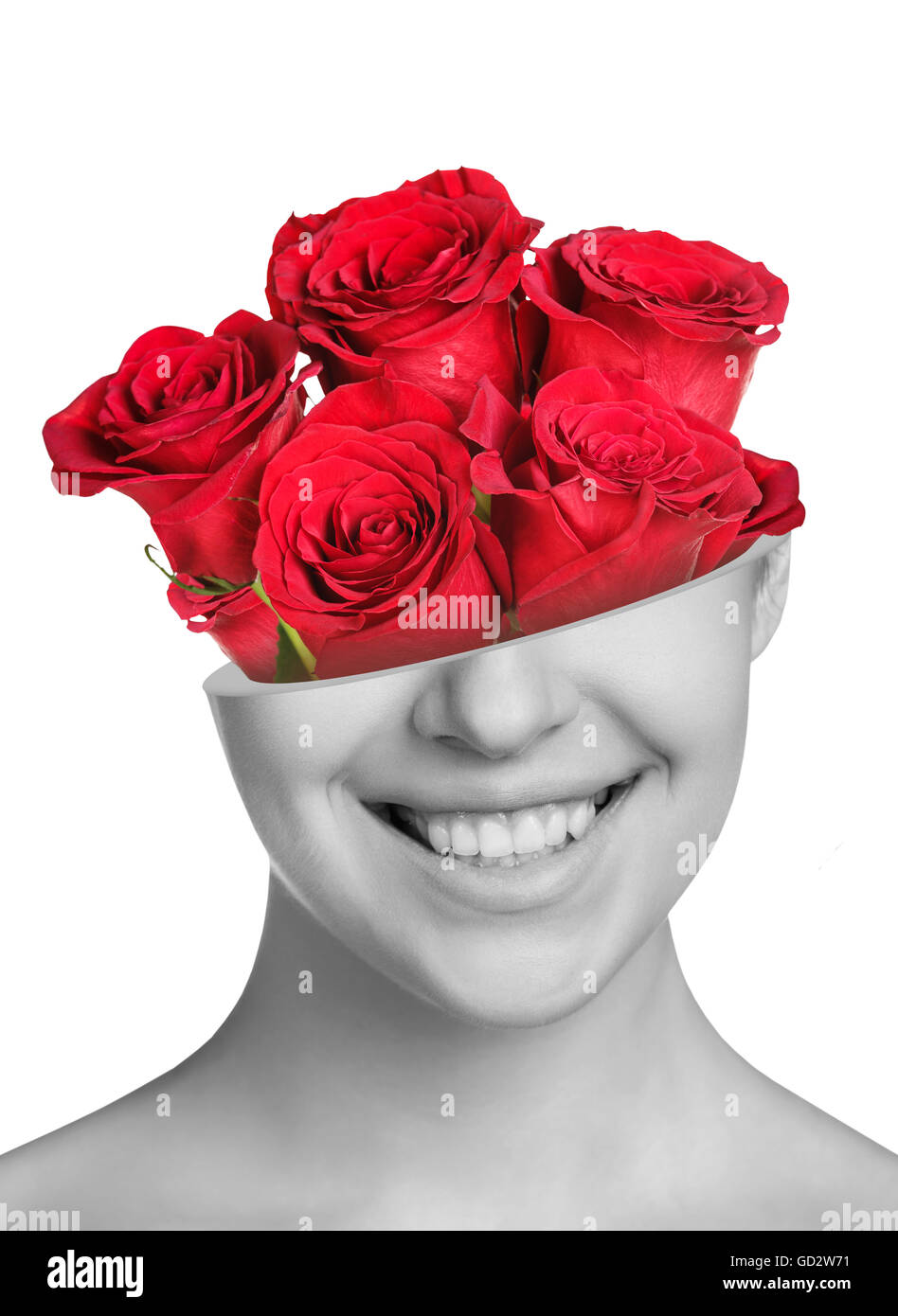 Boquet of roses in beautiful woman's half head Stock Photo - Alamy