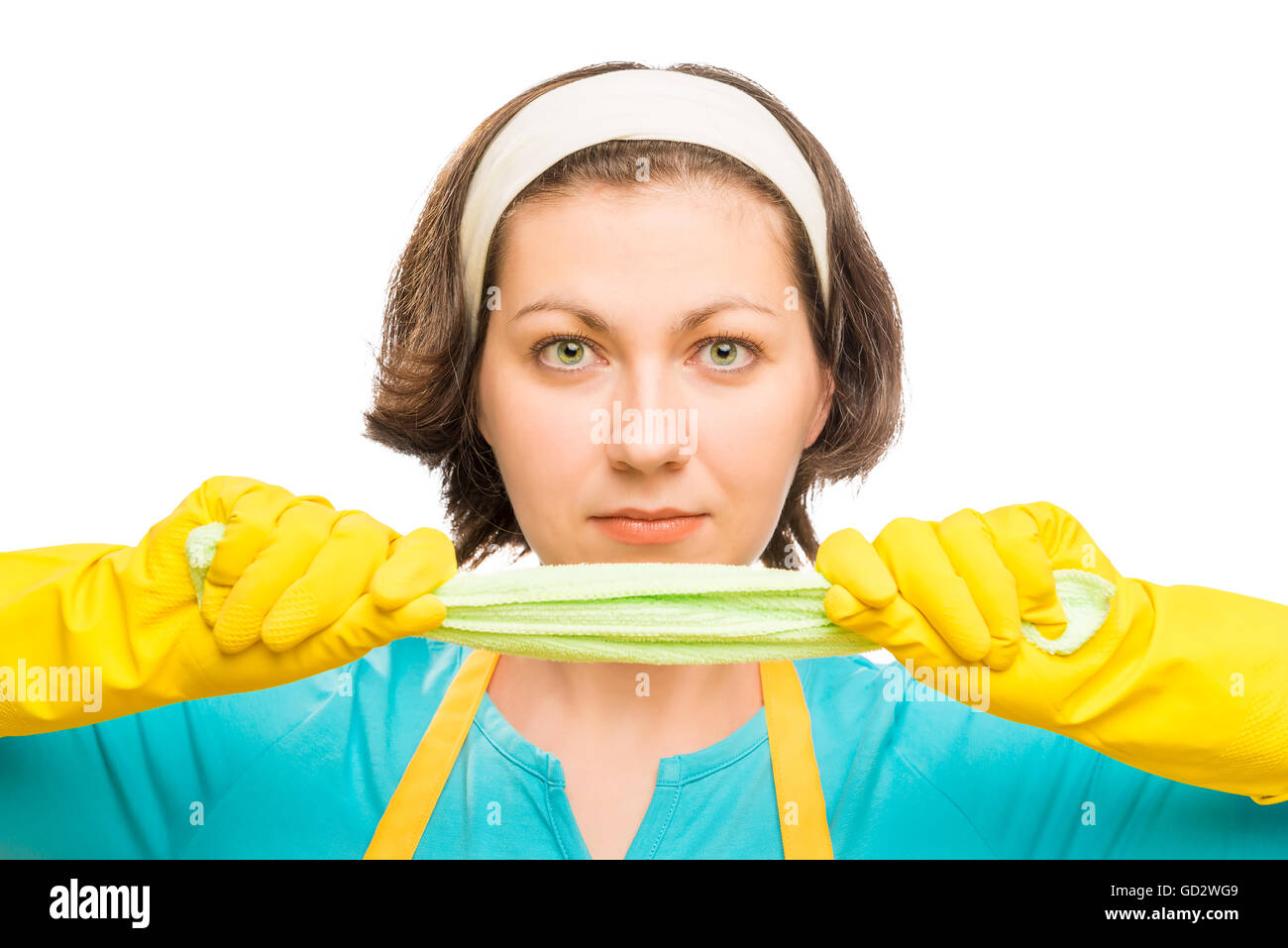 Portrait of a housewife with rag close-up on a white background Stock ...