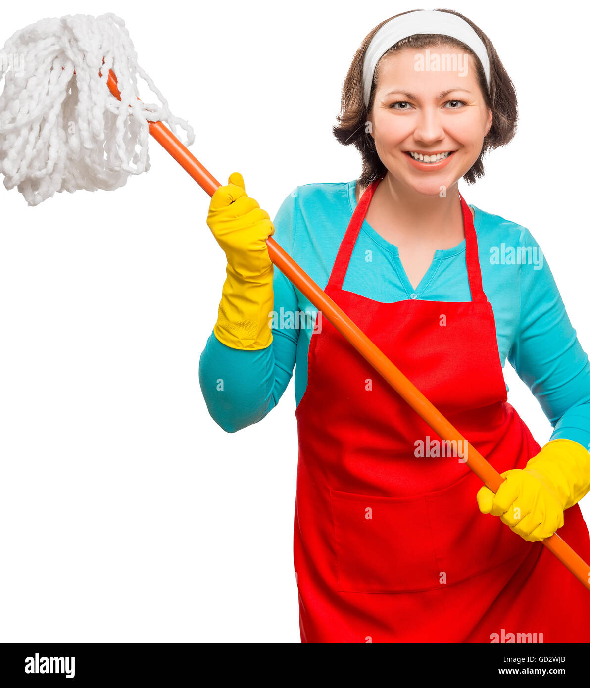 cheerful beautiful housewife holding a mop in his hand, shot on white ...