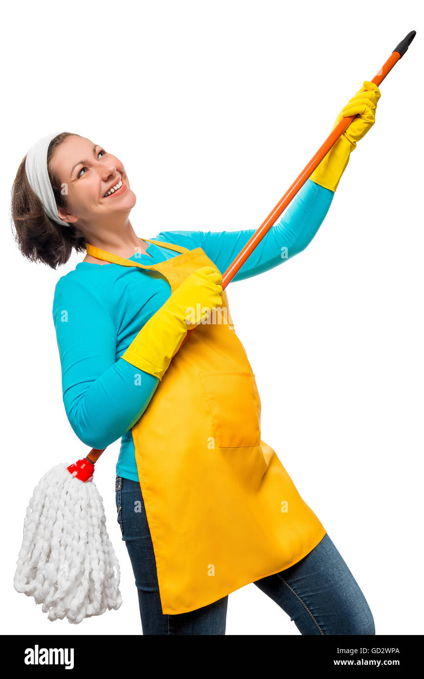happy cheerful girl with a mop on white background Stock Photo - Alamy