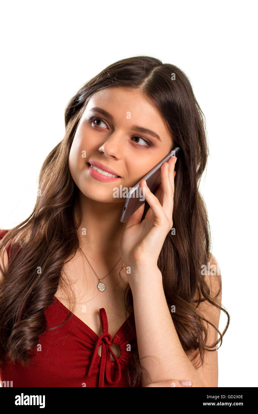 Girl with phone is smiling Stock Photo - Alamy