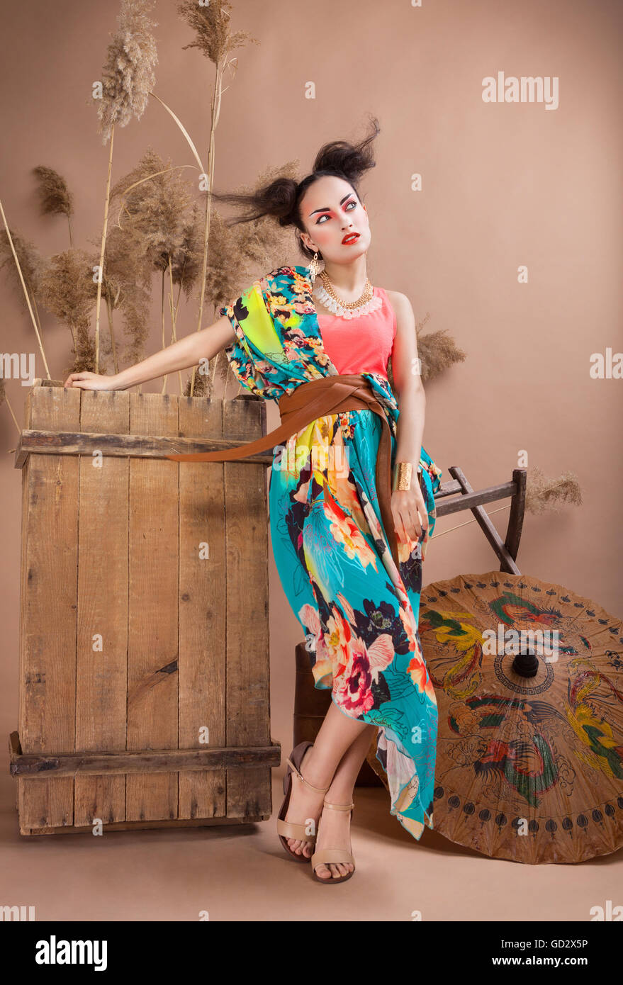 Stylized portrait of a Japanese geisha with bright make up Stock Photo ...