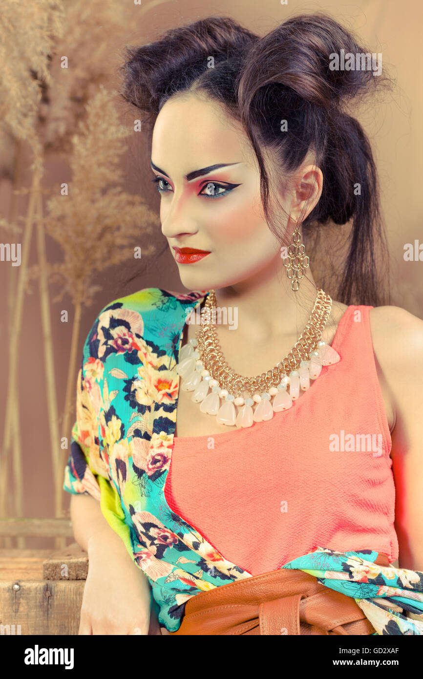 Stylized portrait of a Japanese geisha with bright make up Stock Photo ...