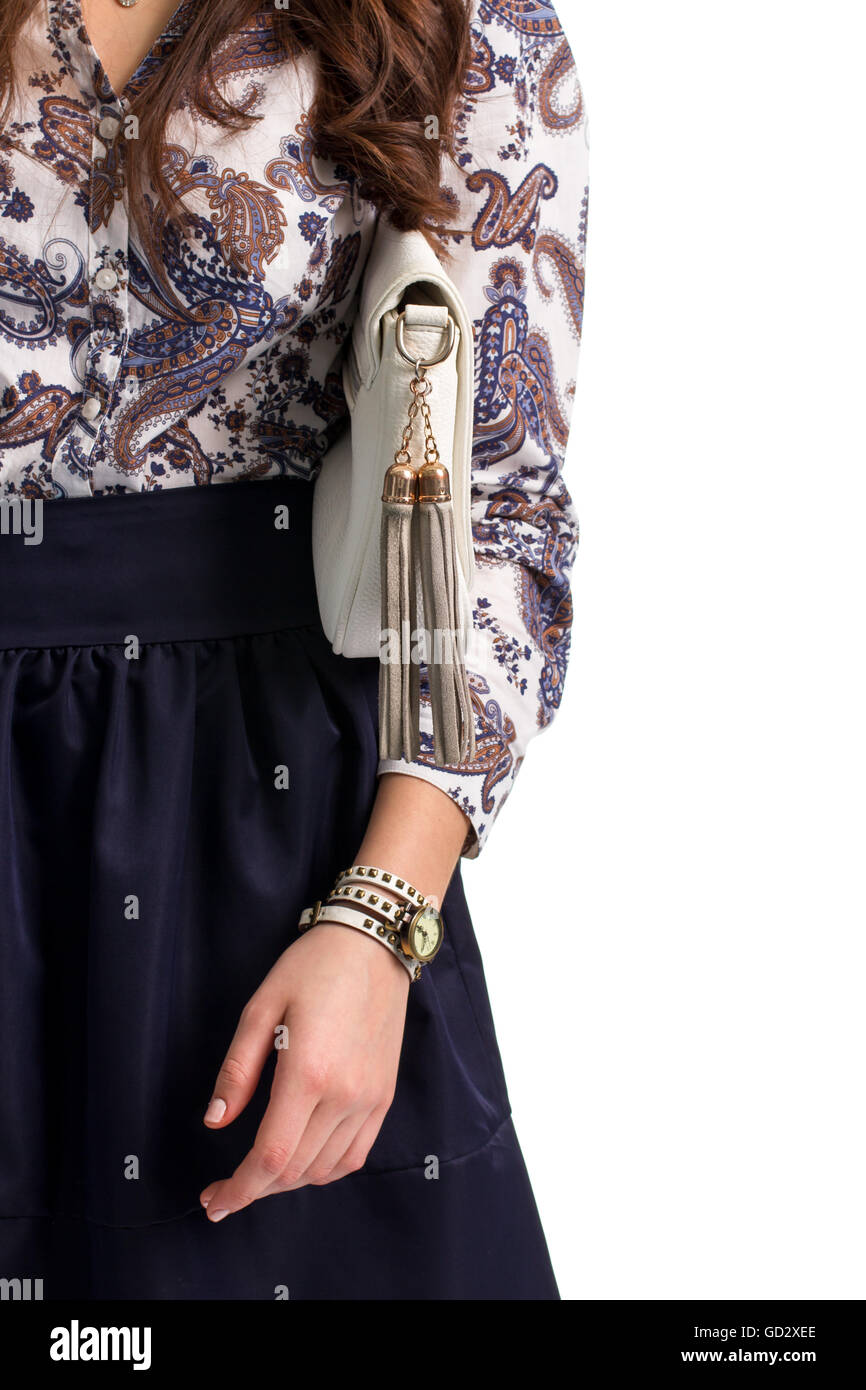 Lady in shirt with handbag Stock Photo - Alamy