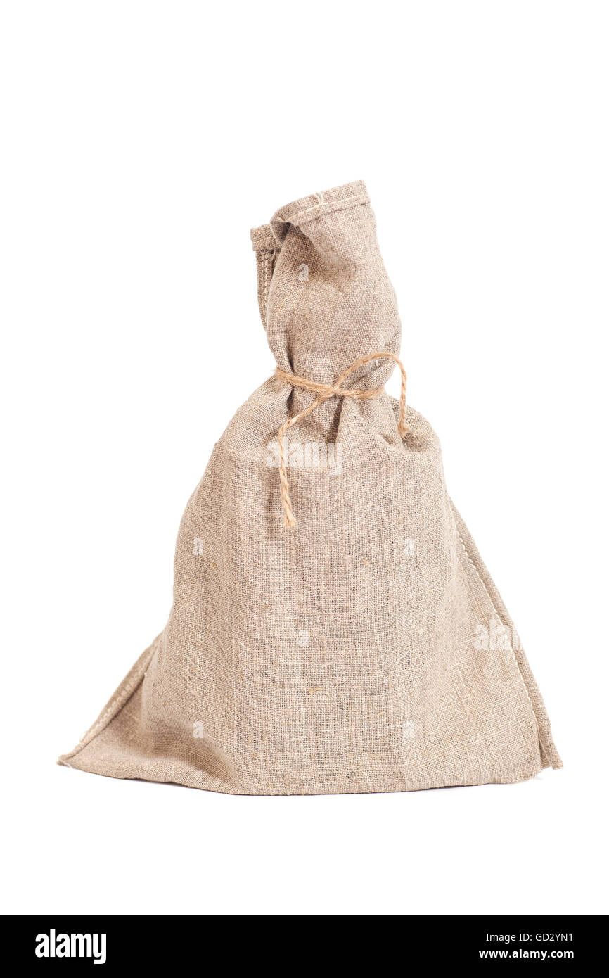 Tied with rope sack bag isolated on white Stock Photo - Alamy