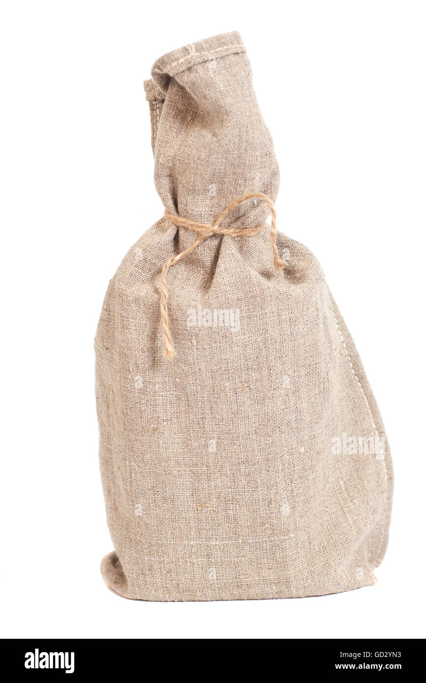 Tied with rope sack bag isolated on white Stock Photo - Alamy