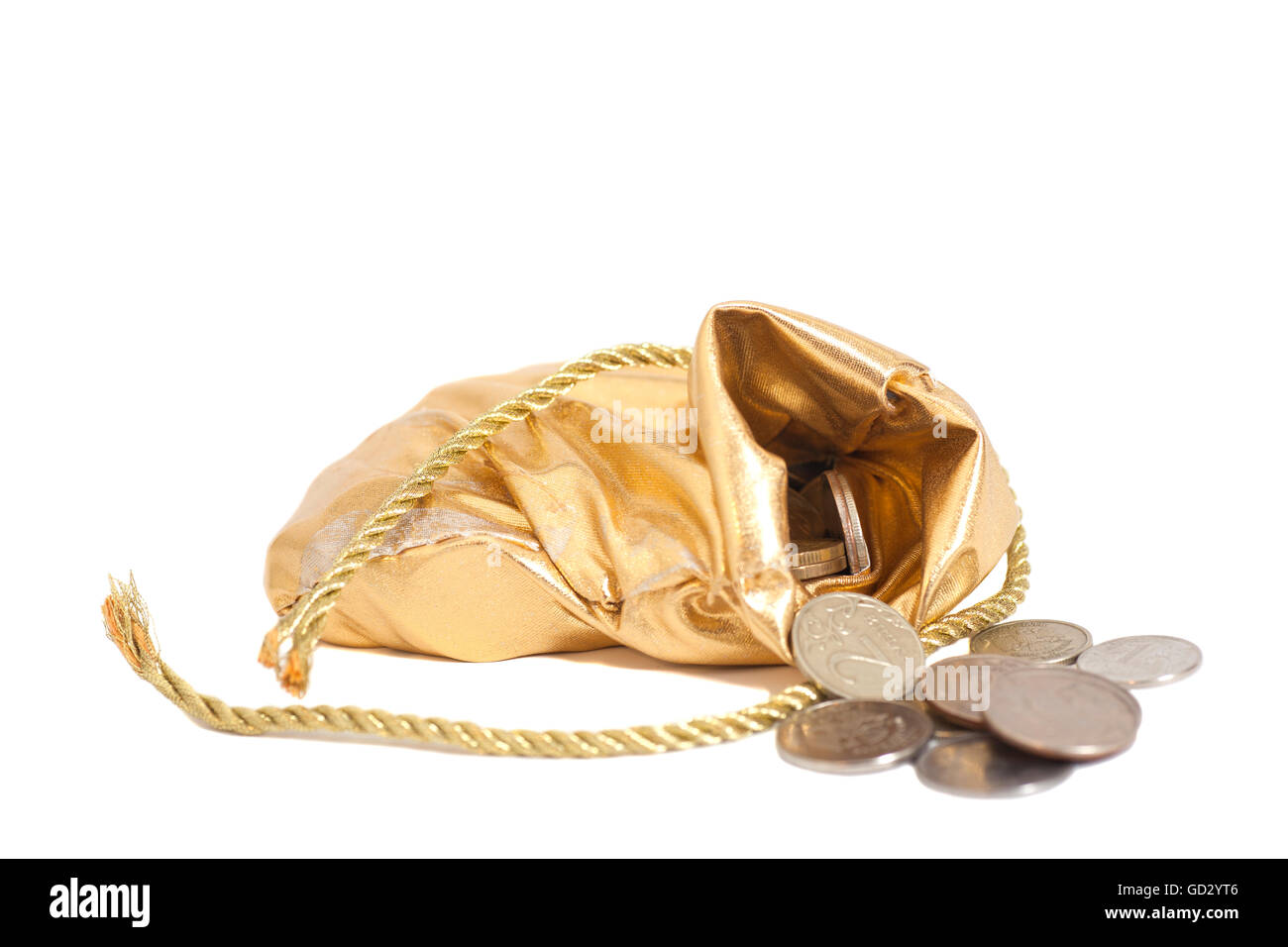 Bag with golden rope of coins isolated on a white background Stock ...