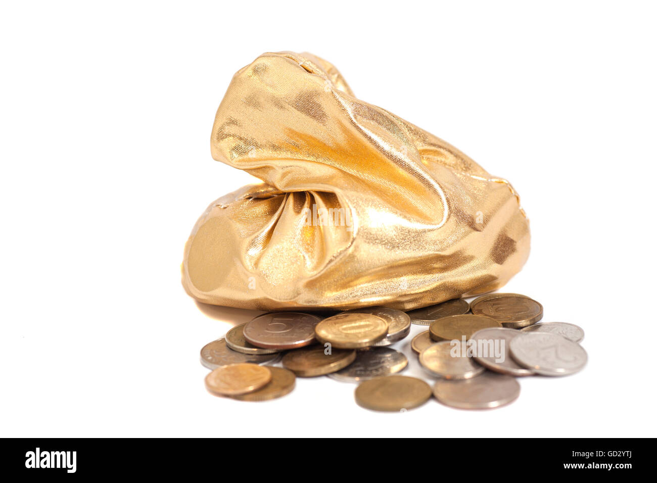 Bag of coins isolated on a white background Stock Photo - Alamy