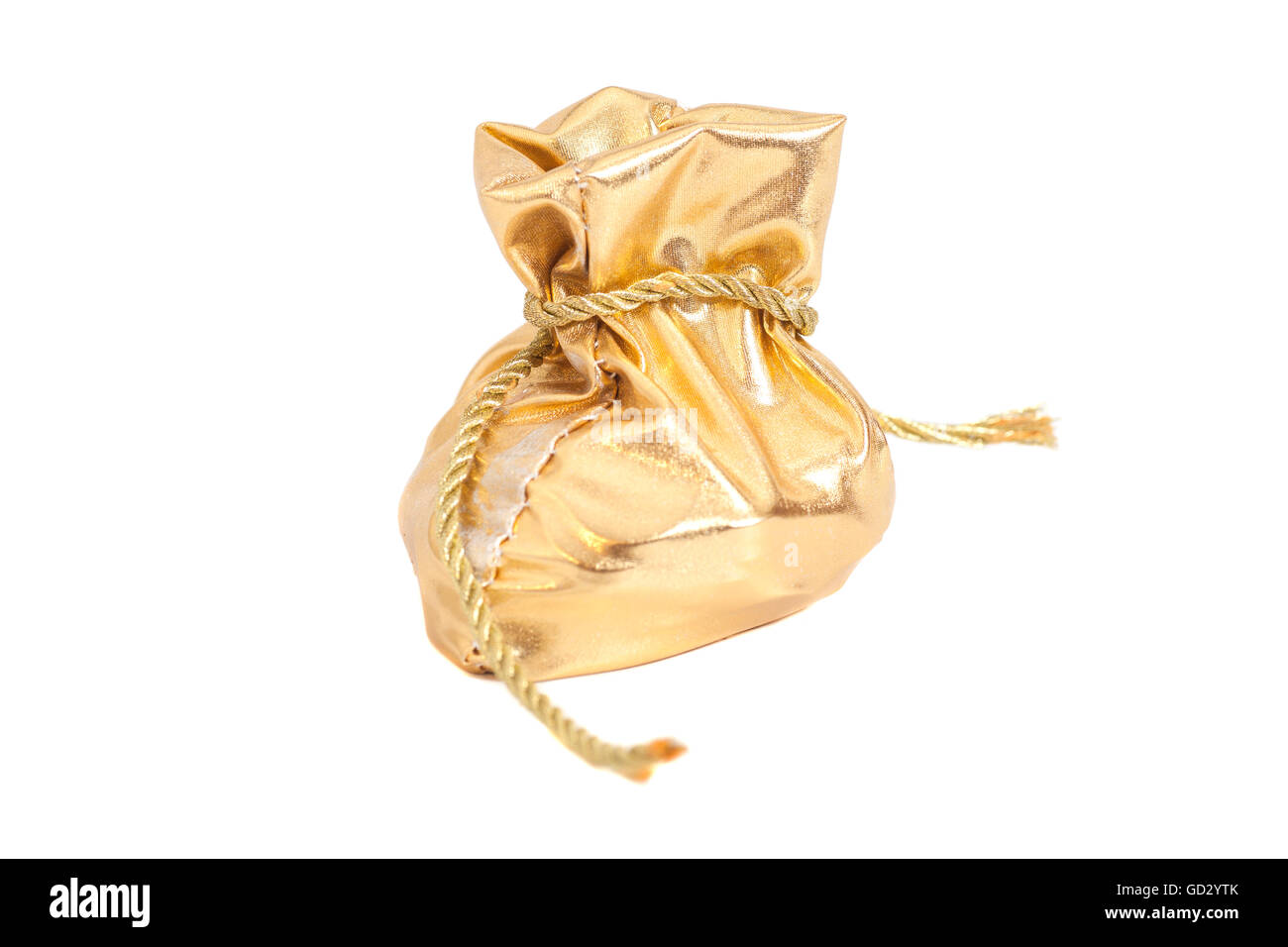 Gold bag package for gift with golden rope isolated on white background ...