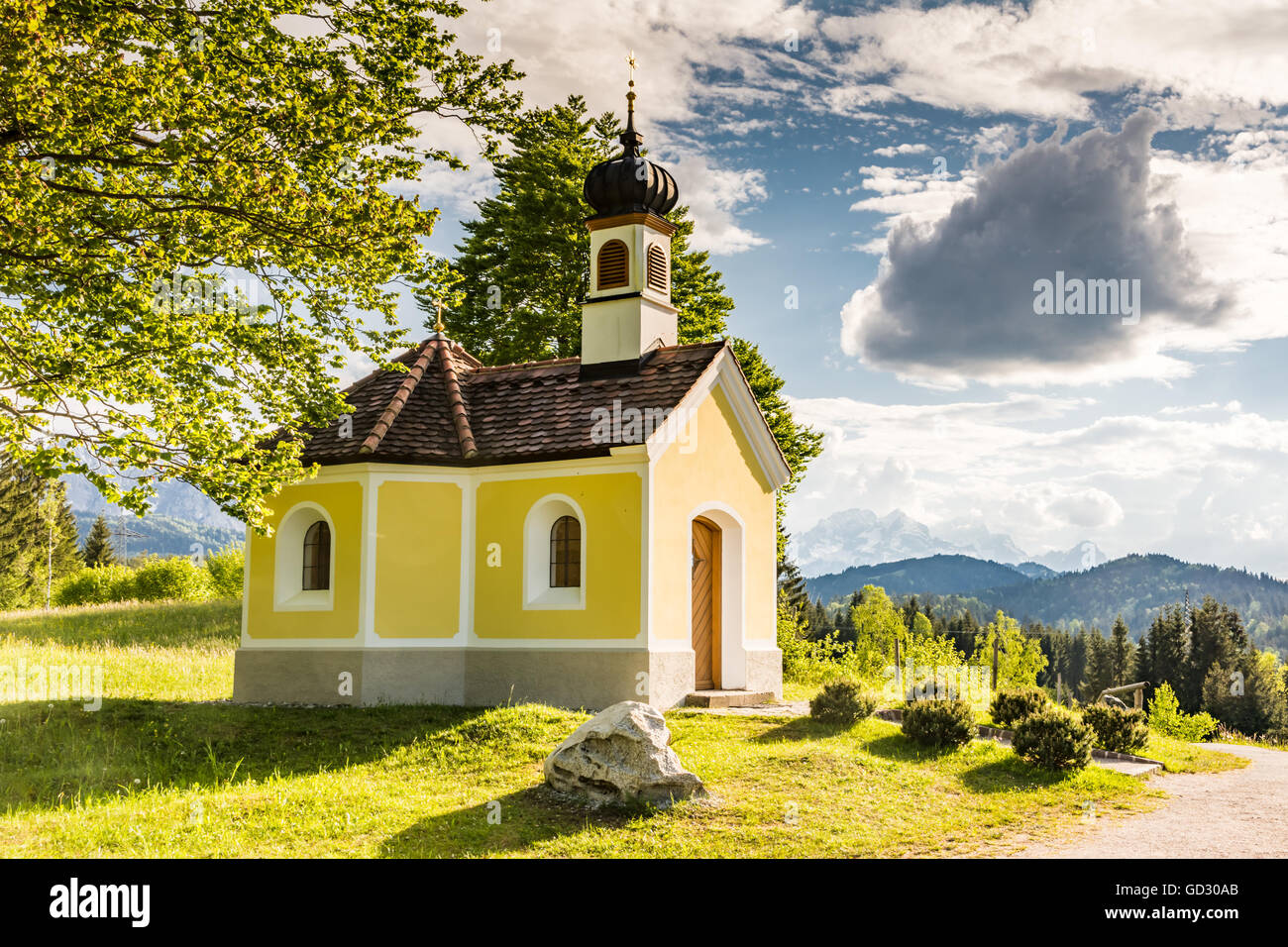 Chapel (Kapelle Maria Rast) near the village of Krün in the alps of ...
