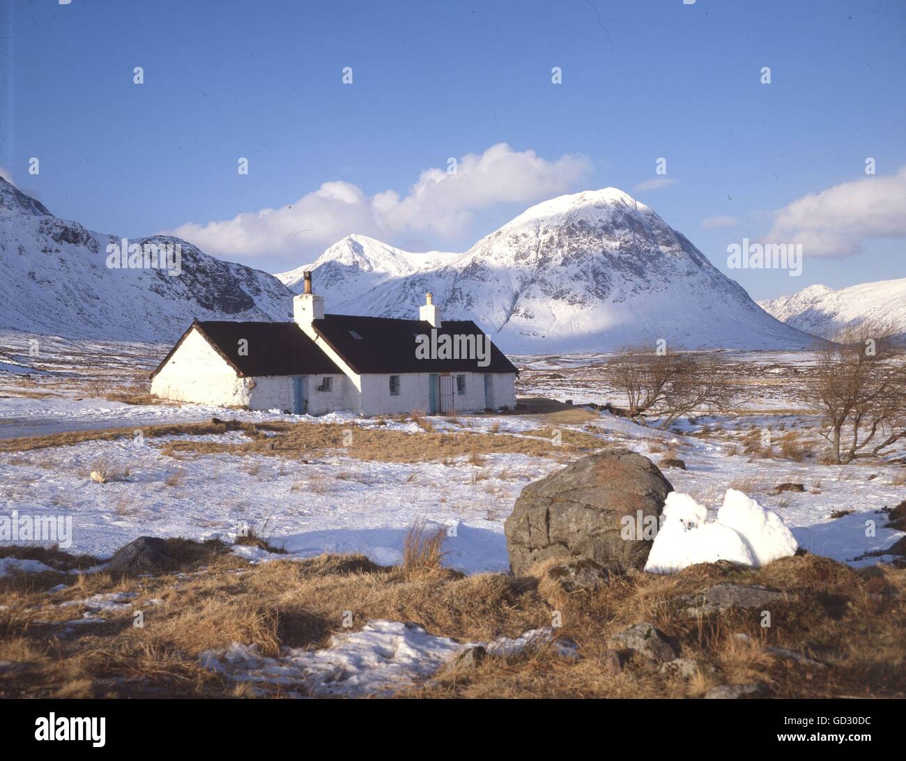 Scotland, Rannoch Moor. Morning light on the old Black Cottage, used as ...
