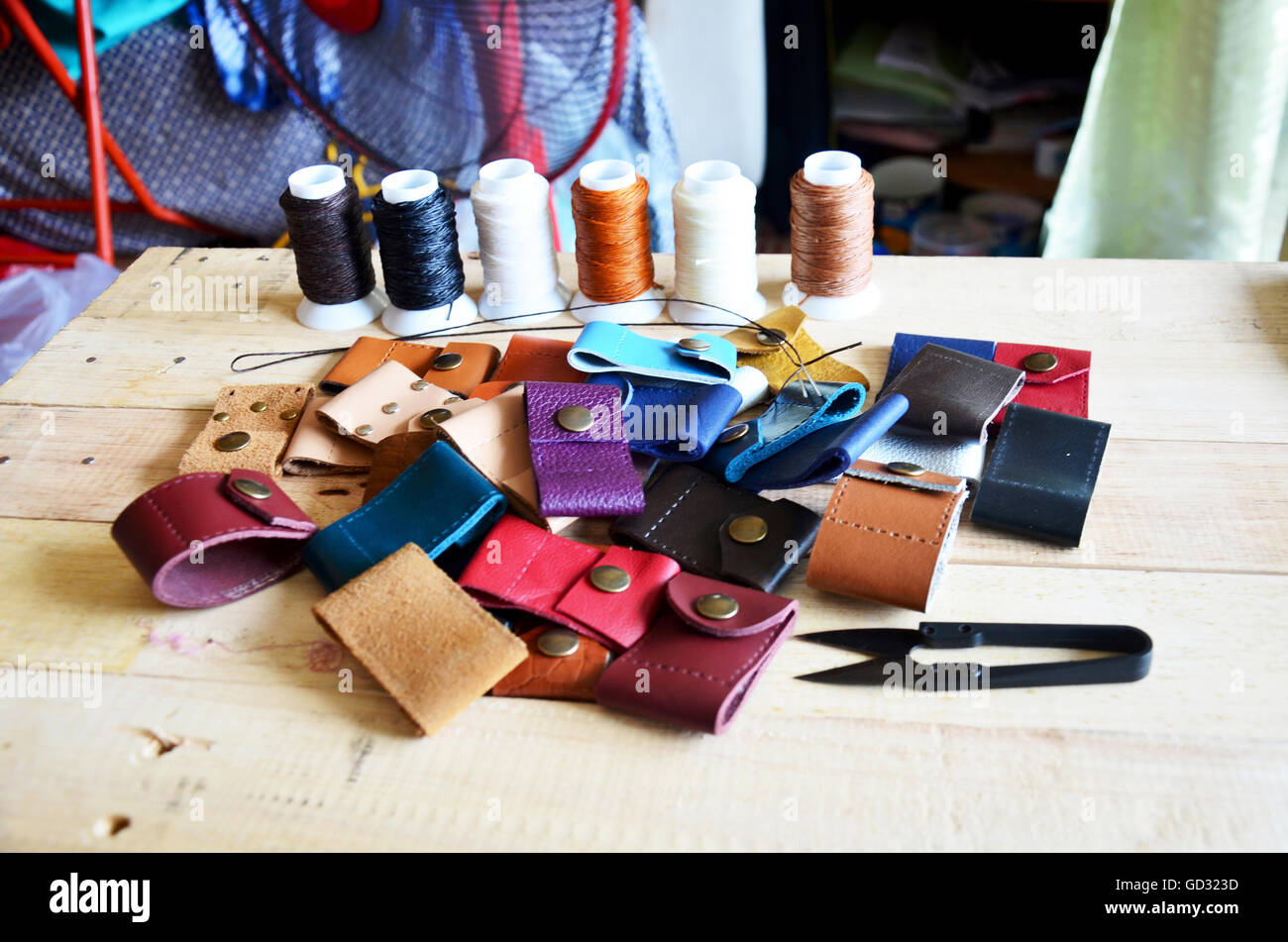 Leather craft tools for Handmade key ring and small bag made from ...