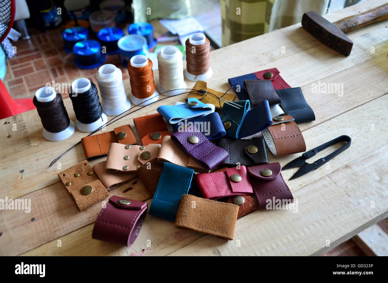 Leather craft tools for Handmade key ring and small bag made from ...
