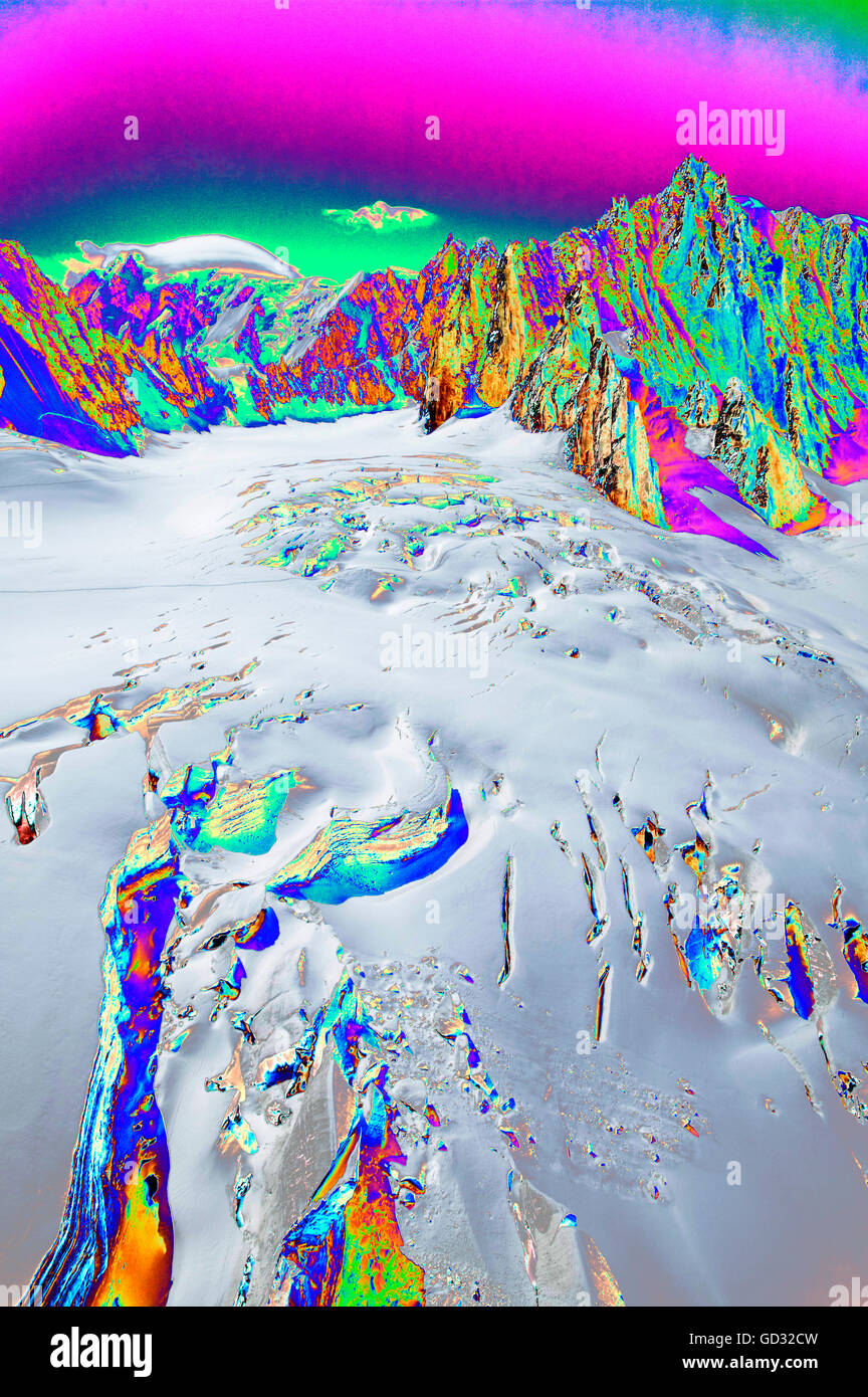 A crevasse field on the Glacier Du Geant with Mont Blanc in the ...