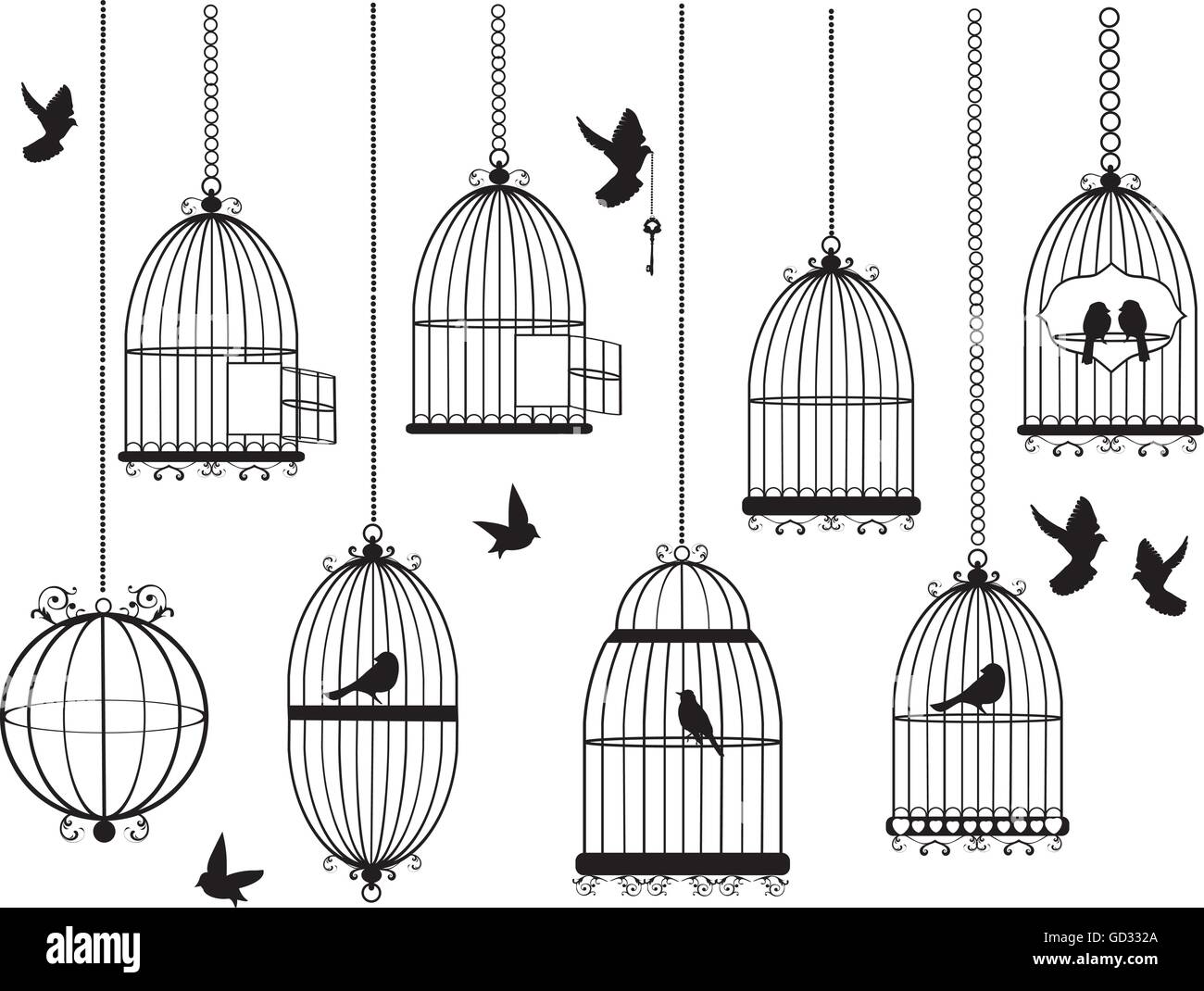 vector illustration of bird cages with flying birds Stock Vector Image ...