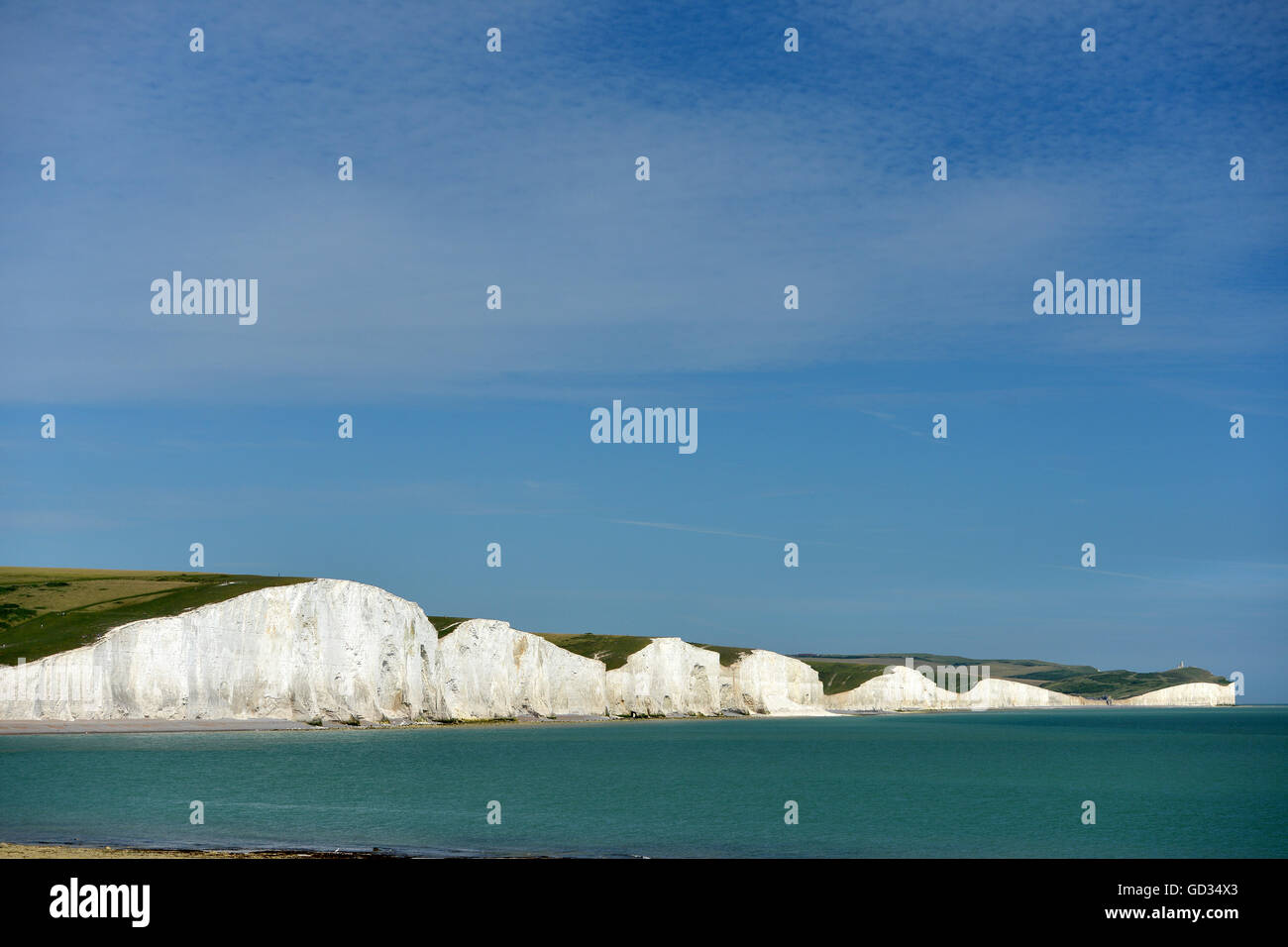The iconic view of the English coast, Seven Sisters chalk cliffs, East ...