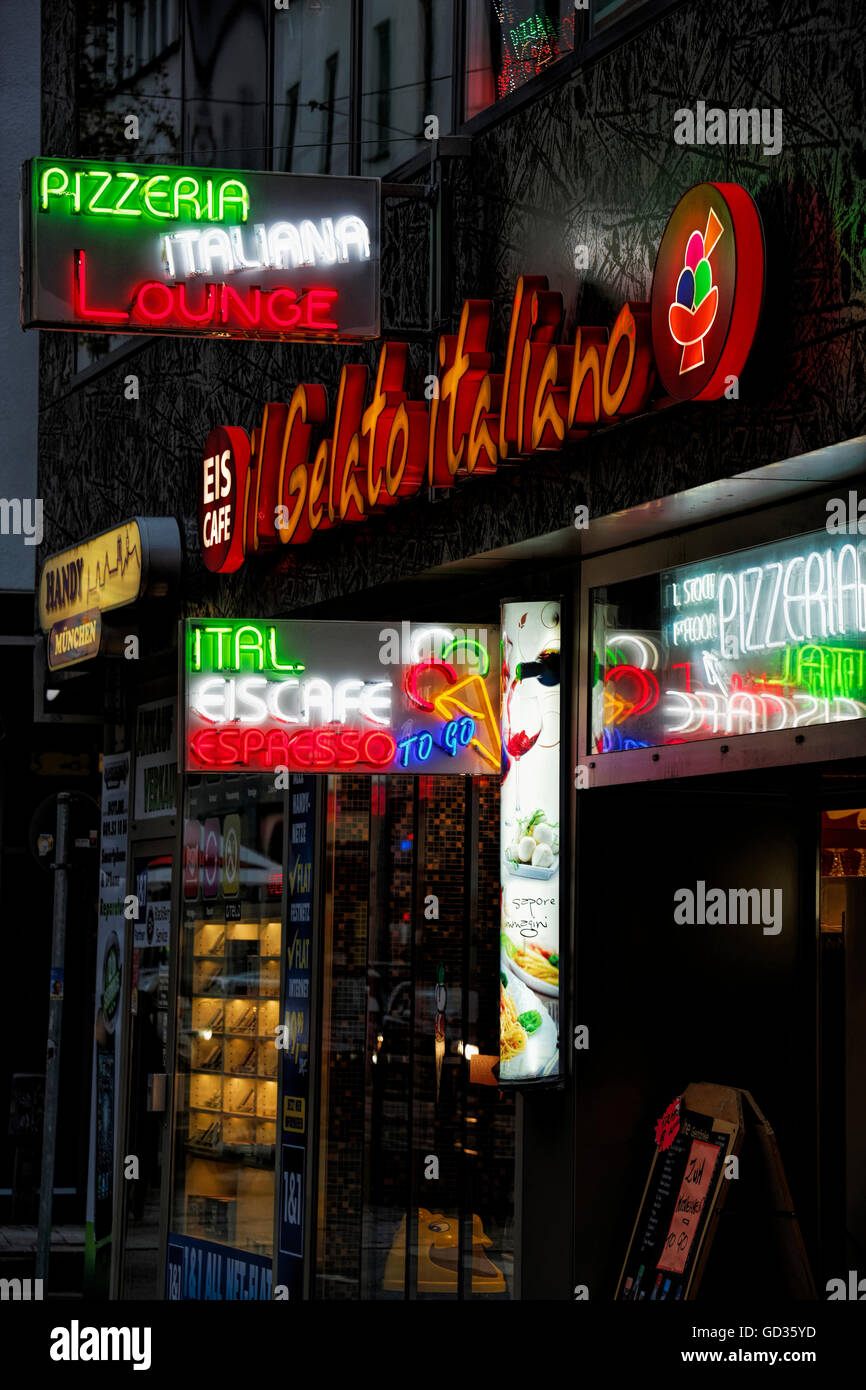 Italian Pizzeria neon street lighting, Munich Upper Bavaria Germany ...