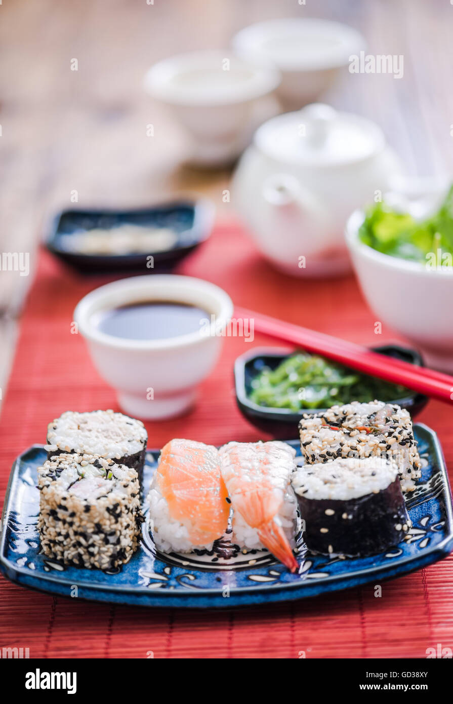 japanese sushi on table, low angle Stock Photo - Alamy