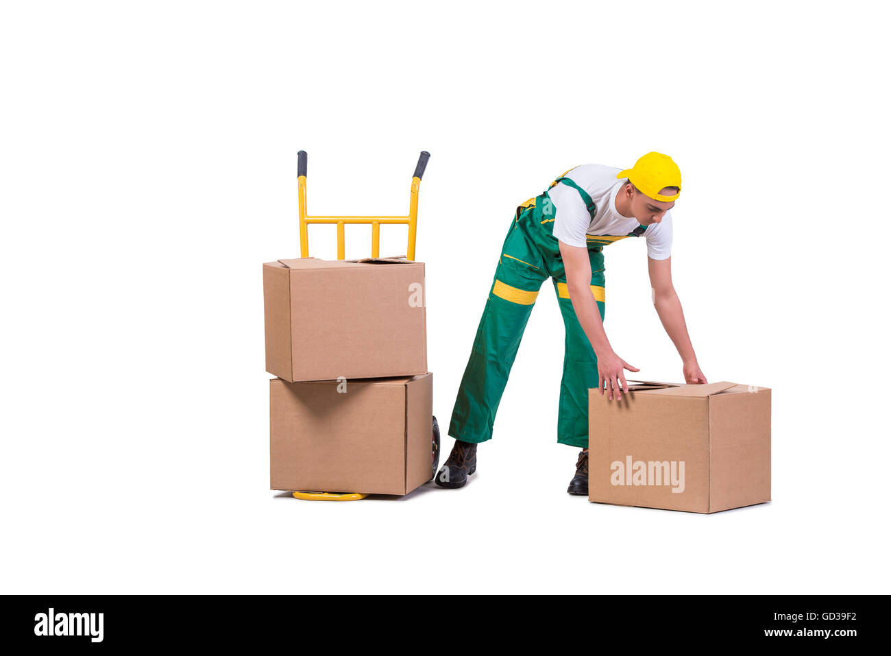 Young man moving boxes with cart isolated on white Stock Photo - Alamy