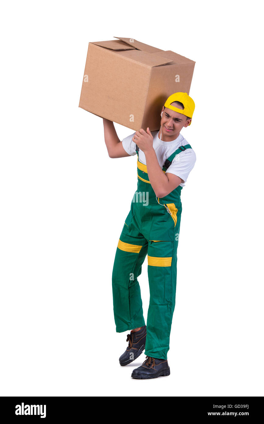 Young man moving boxes isolated on white Stock Photo - Alamy