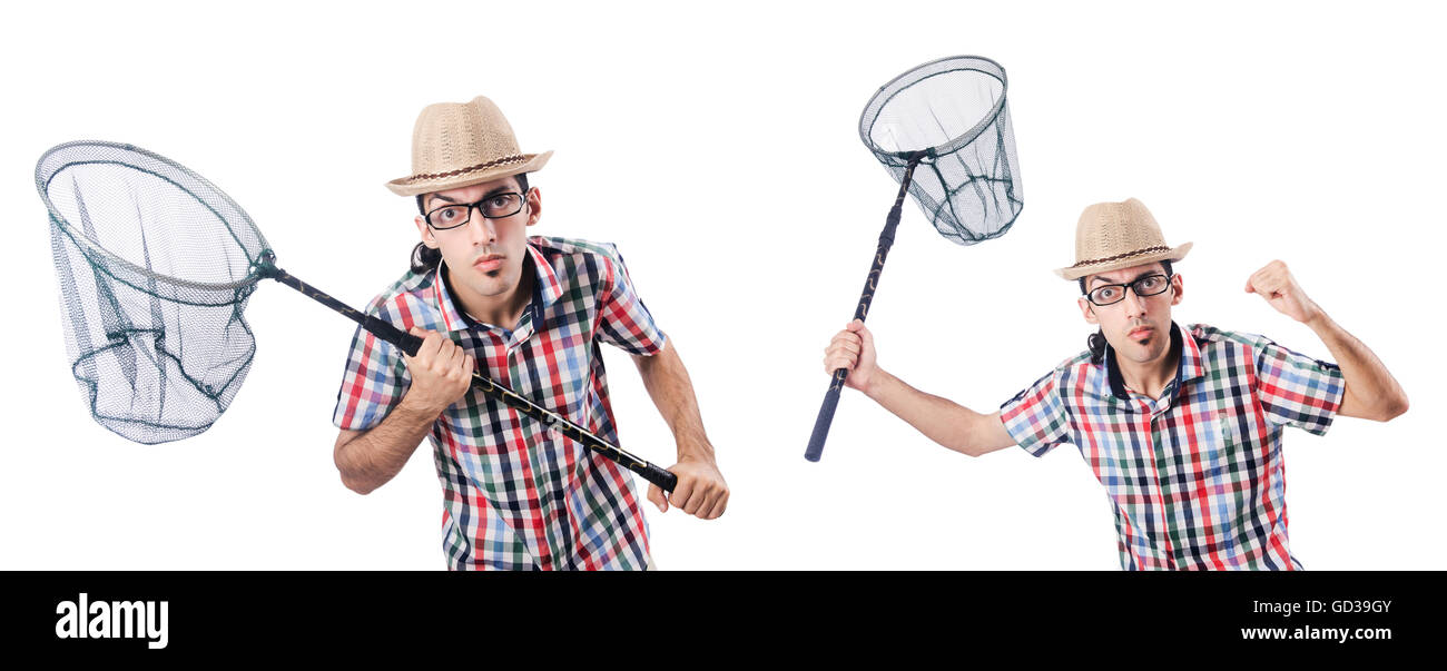 Gardener with net isolated on white Stock Photo - Alamy