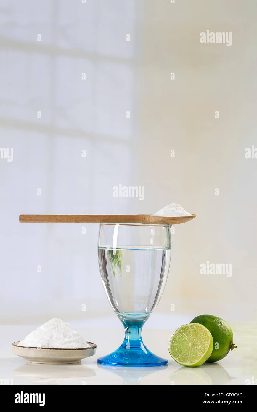 glass of water, lemon, soda bicarbonate natureal solution Stock Photo ...